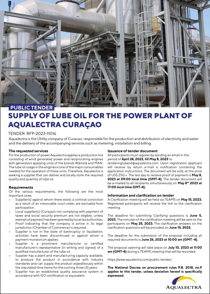 Aqualectra β Supply of Lube Oil for the Power Plant of Aqualectra ... Aqualectra β Supply of Lube Oil for the Power Plant of Aqualectra ...